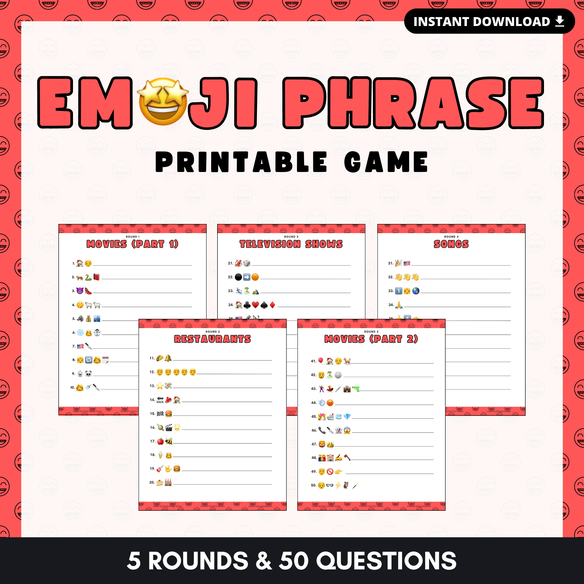 EMOJI PHRASE Printable Game 5 Rounds & 50 Questions Perfect for Family ...