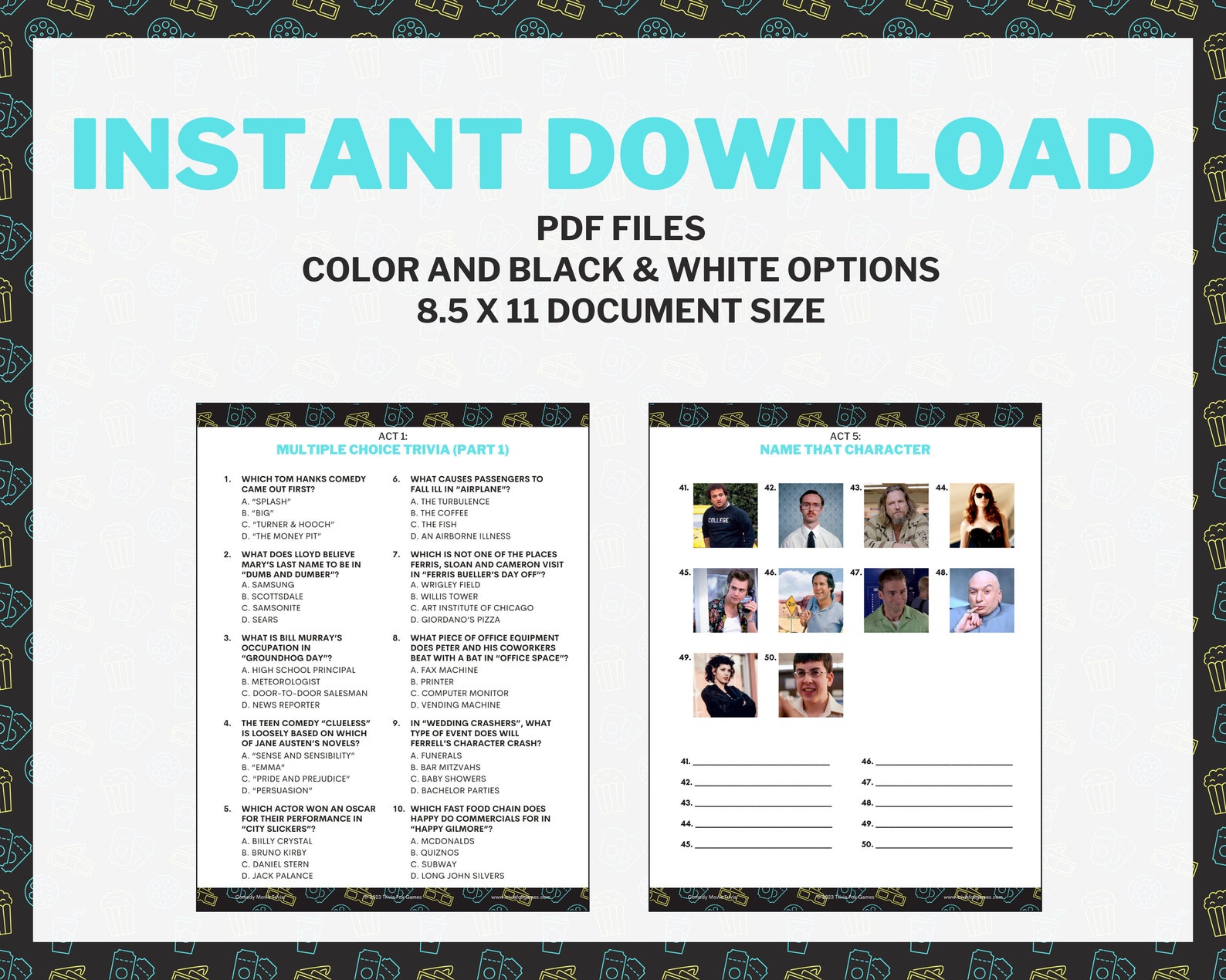 Comedy Movie Trivia Game: 70 Questions, 7 Rounds (PDF) - Etsy