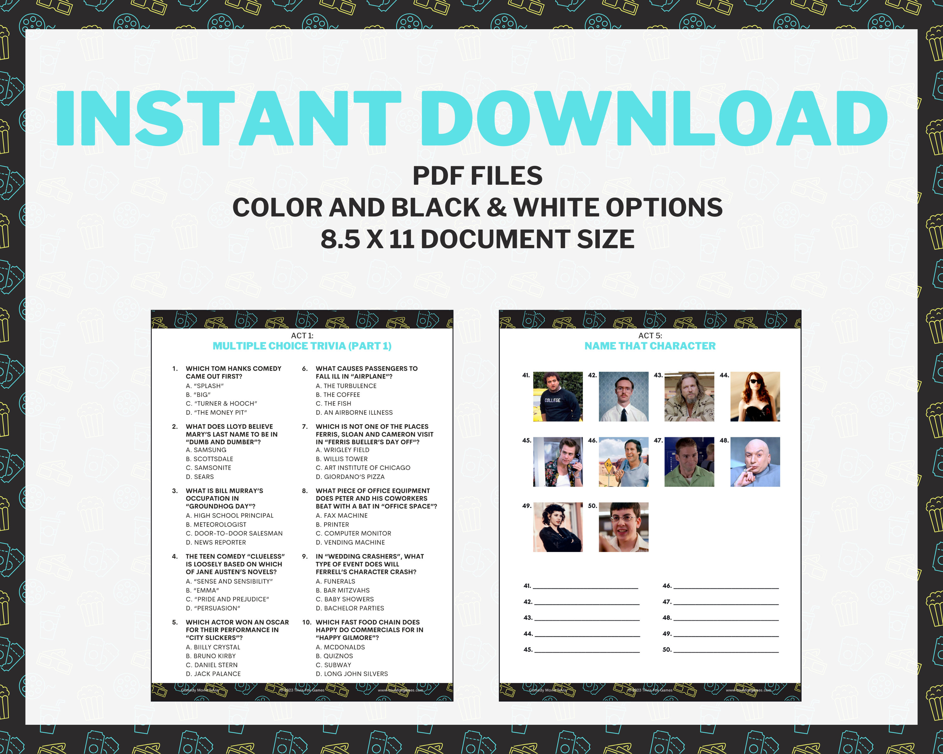 Comedy Movie Trivia Game: 70 Questions, 7 Rounds (PDF) - Etsy