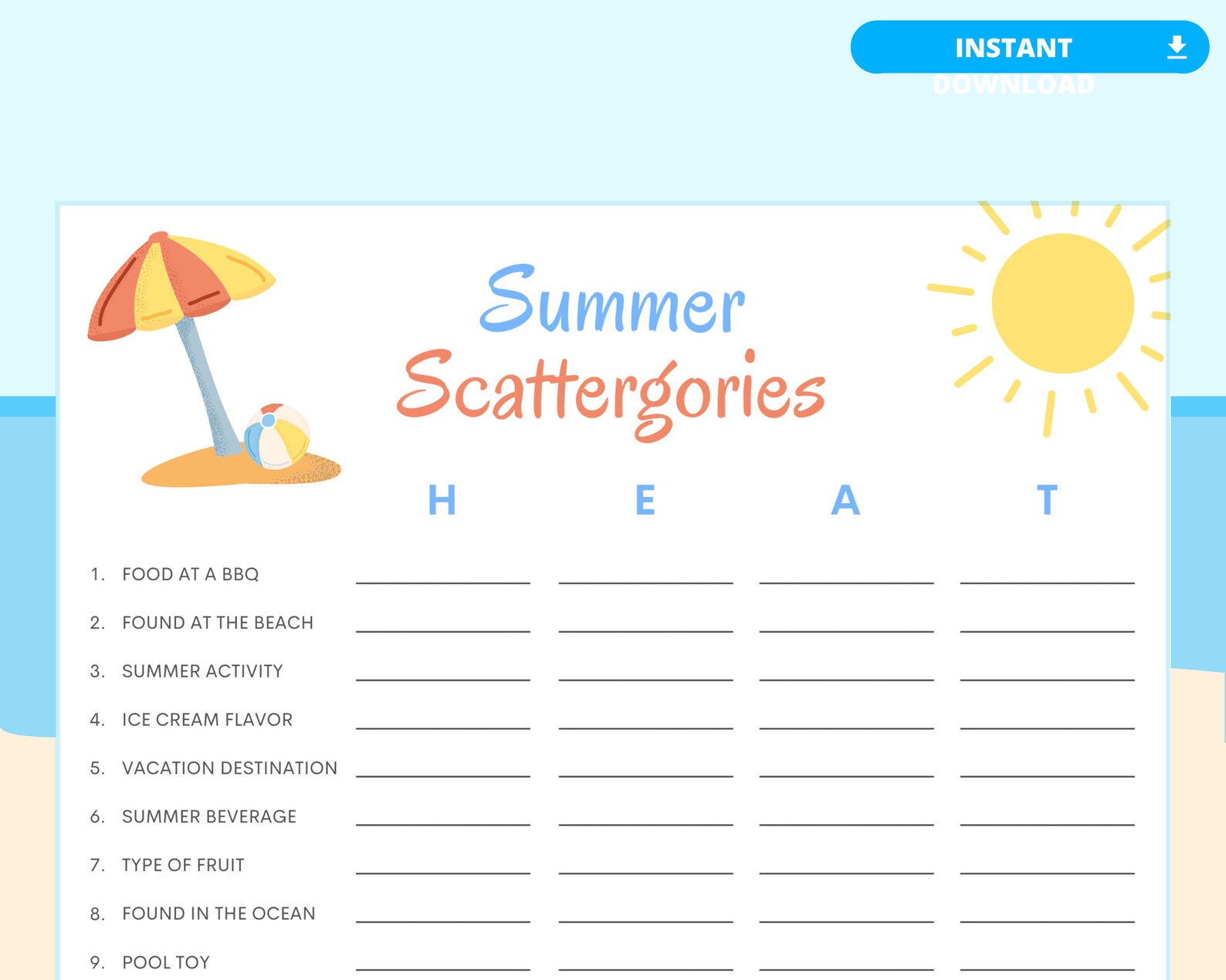 Summer Scattergories Printable Game 2 Rounds: - Etsy