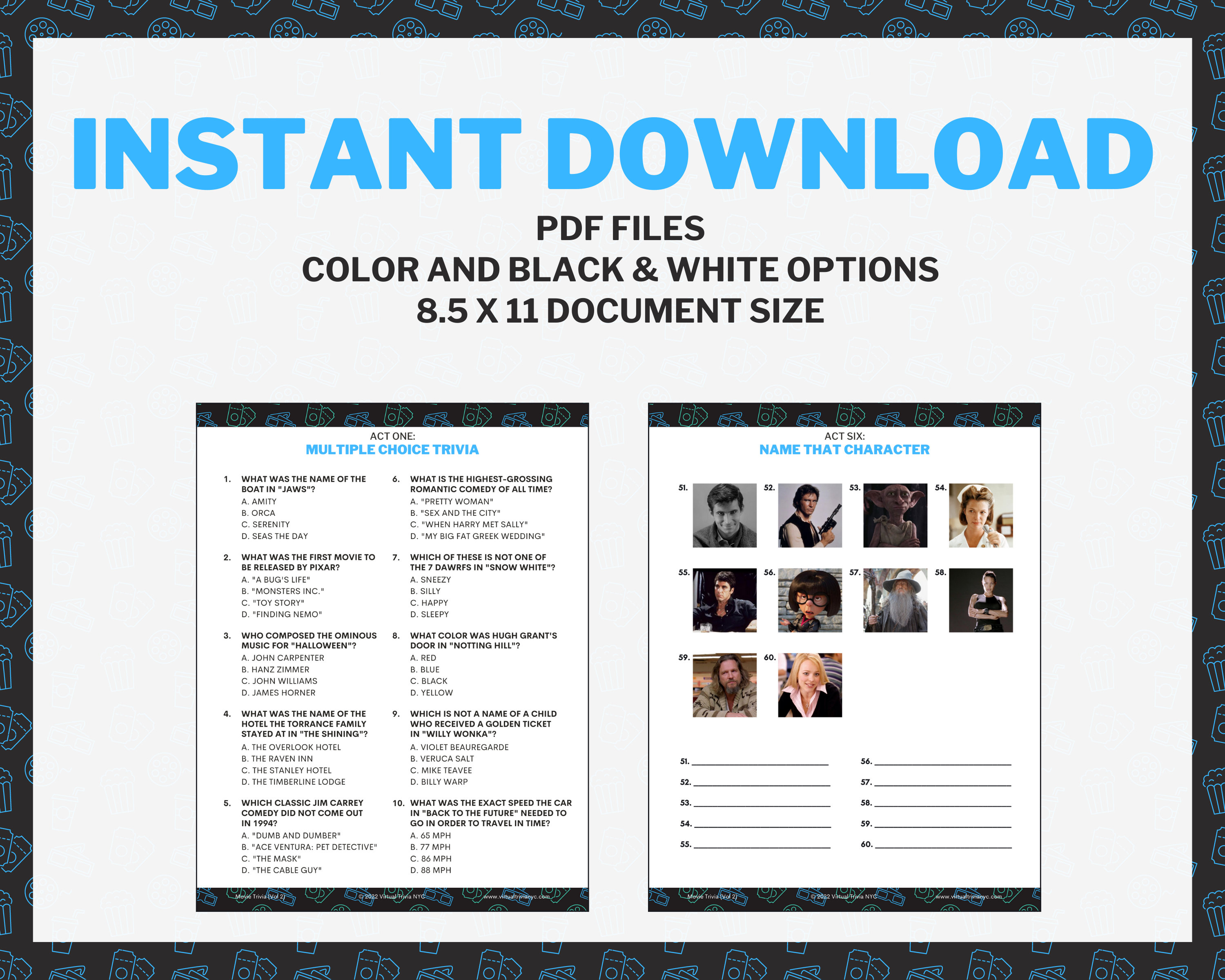 MOVIE TRIVIA Printable Game Volume 2 7 Rounds & 70 Questions Pub Trivia ...
