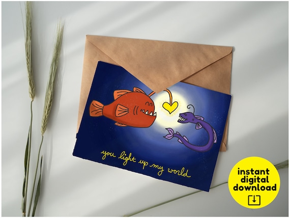 Angler Fish Love Anniversary Friendship Printable Card you | Etsy