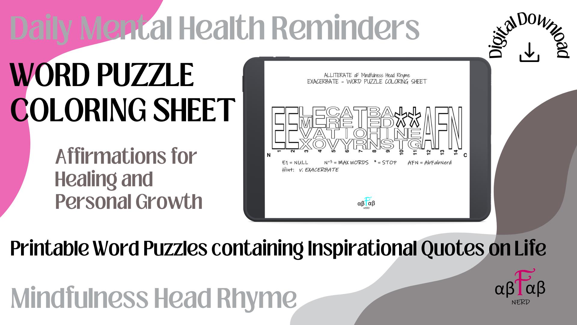 Exacerbate WORD PUZZLE Coloring Sheet Daily Affirmation Digital ...