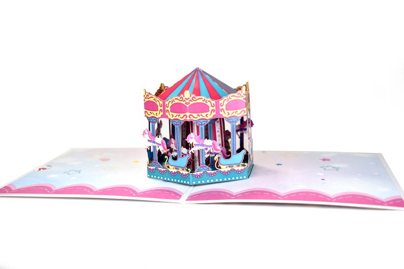 Pink Carousel and Ponies Pop up Greeting Card, Birthday Card for ...