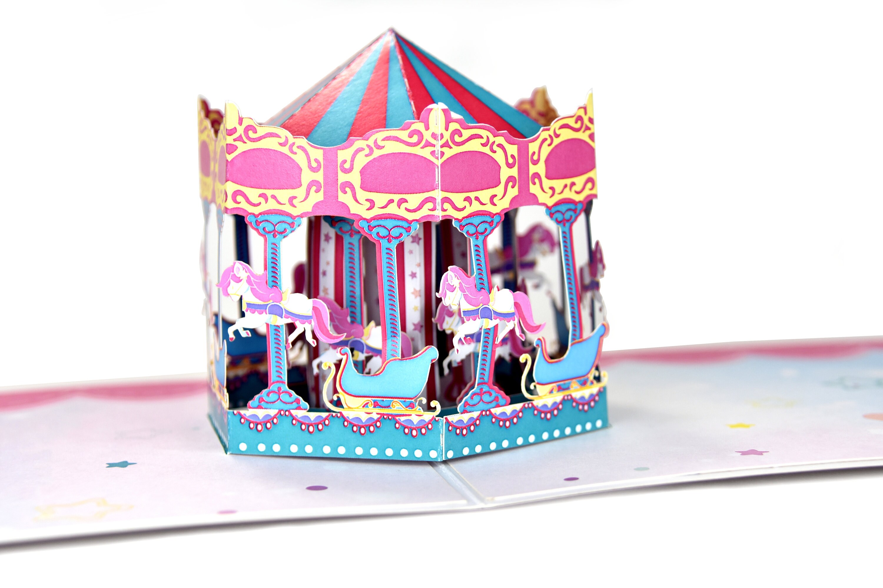 Pink Carousel and Ponies Pop up Greeting Card, Birthday Card for ...