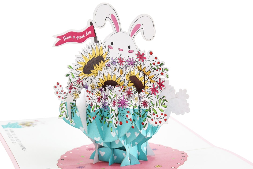 Rabbit in Flower Cup Pop up Card, 3D Birthday Card, Mothers Day Card - Etsy
