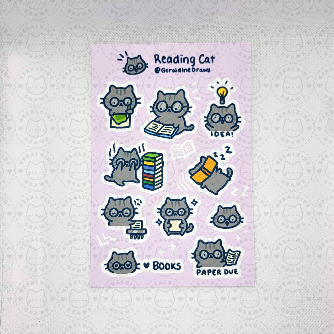 Reading Cat Sticker Sheet Cute Bookworm Stickers Funny Cat Stickers ...