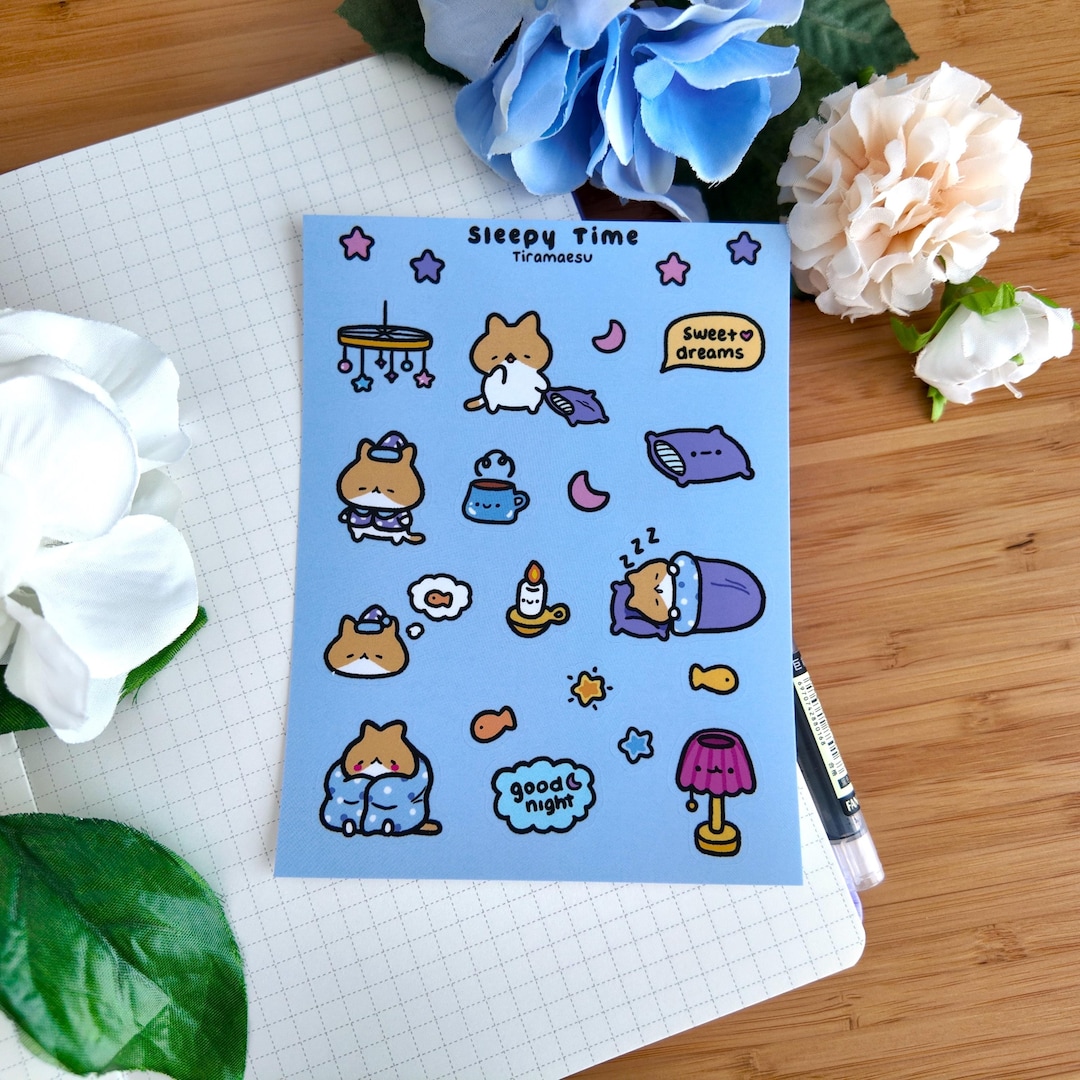 Sleepy Time Sticker Sheet | Cute Sleepy Cat Stickers | Lifestyle ...