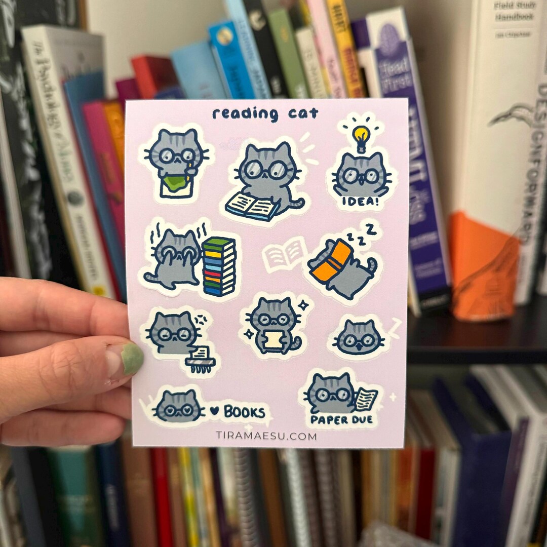 Reading Cat Sticker Sheet | Cute Bookworm Stickers | Funny Cat Stickers ...