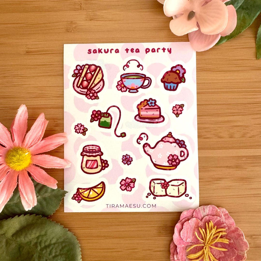 Sakura Tea Party Sticker Sheet | Cute Spring Sakura Stickers | Tea ...