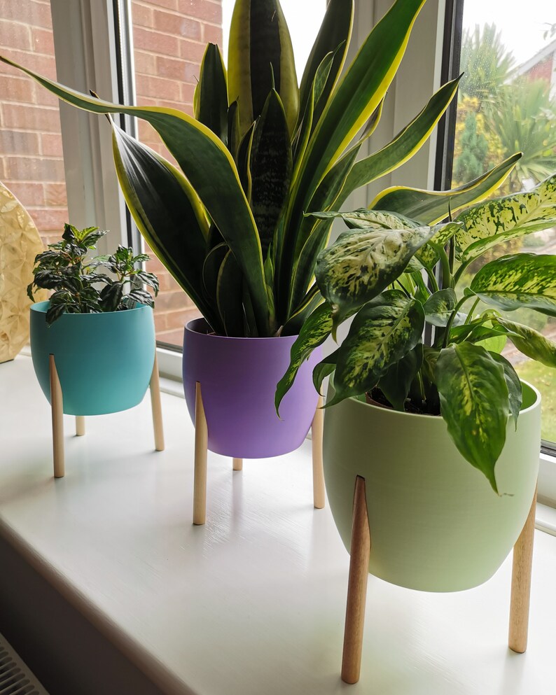 Plant Pot With Wood Legs Matt Pastel Colours Inbuilt | Etsy