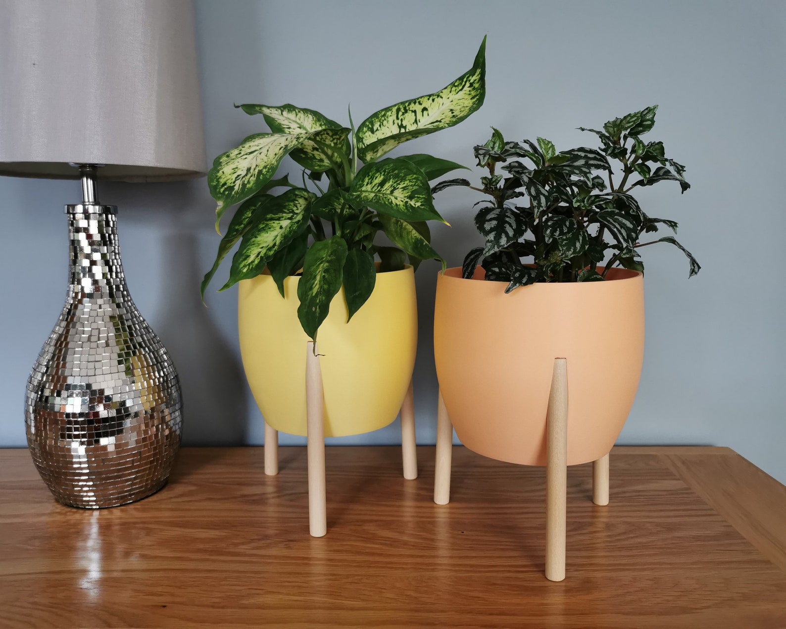 Plant Pot With Wood Legs Matt Pastel Colours Inbuilt | Etsy