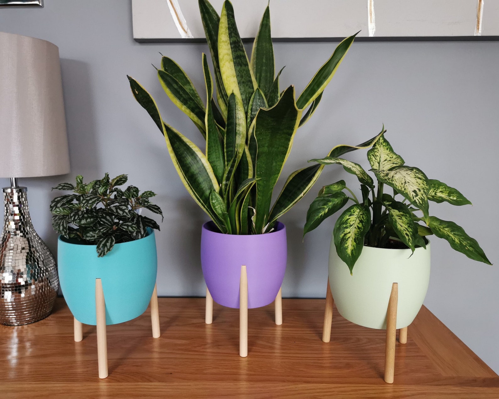 Plant Pot With Wood Legs Matt Pastel Colours Inbuilt | Etsy