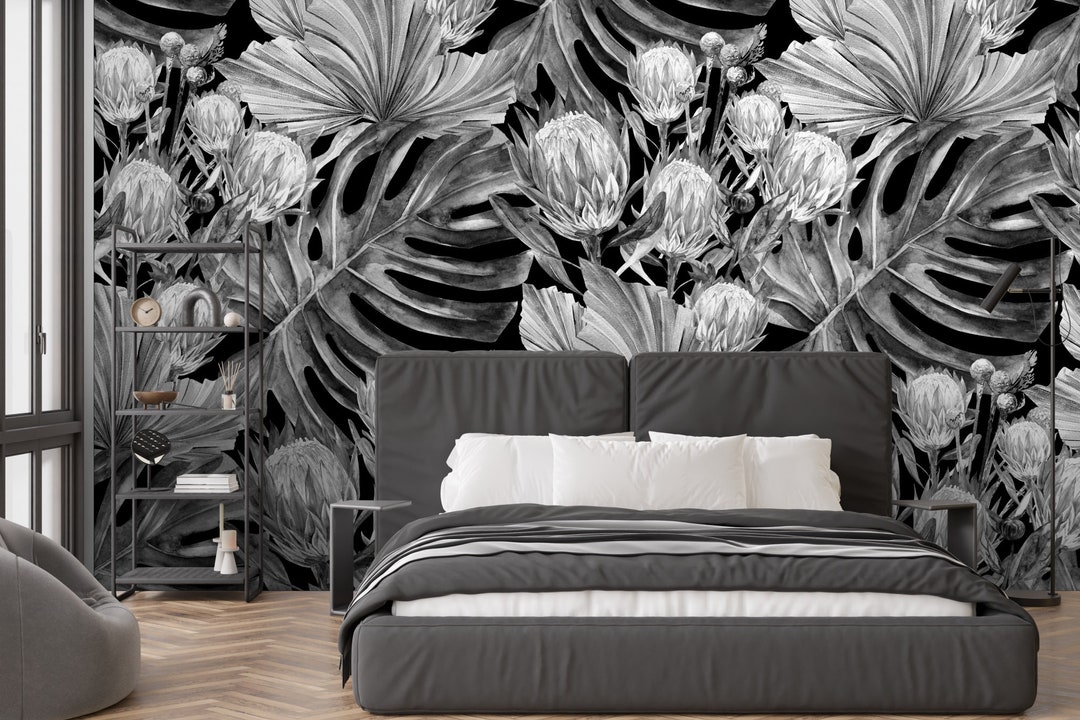 Plants Mural, Abstract Mural, Botany Mural a Tropical Flower and Leaves ...
