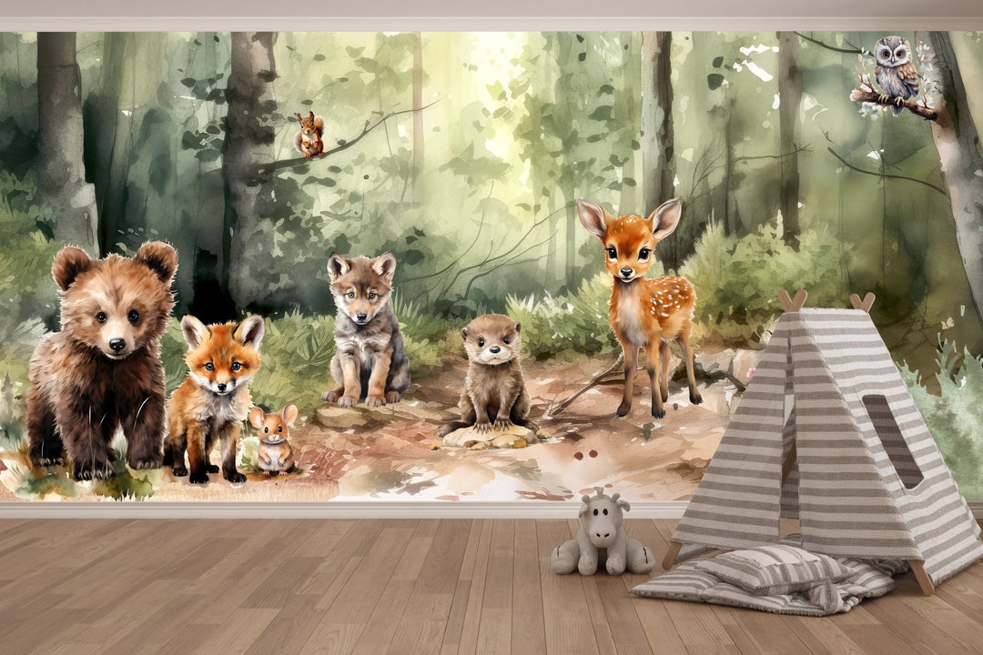 Mural of Forest Animals, Baby Bear, Deer, Fox. Watercolor Mural. Photo ...