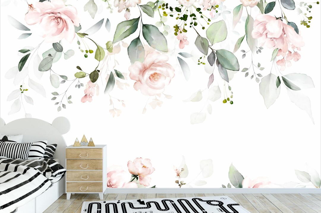 Wall Mural Pastel Flowers, Watercolor Flower Wallpaper, Nursery Mural ...
