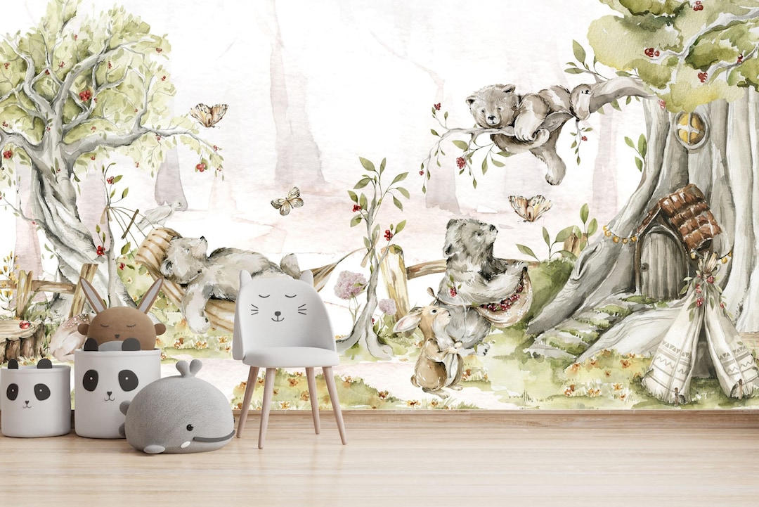 Children's Mural of a Family of Teddy Bears in a Magical Forest With a ...