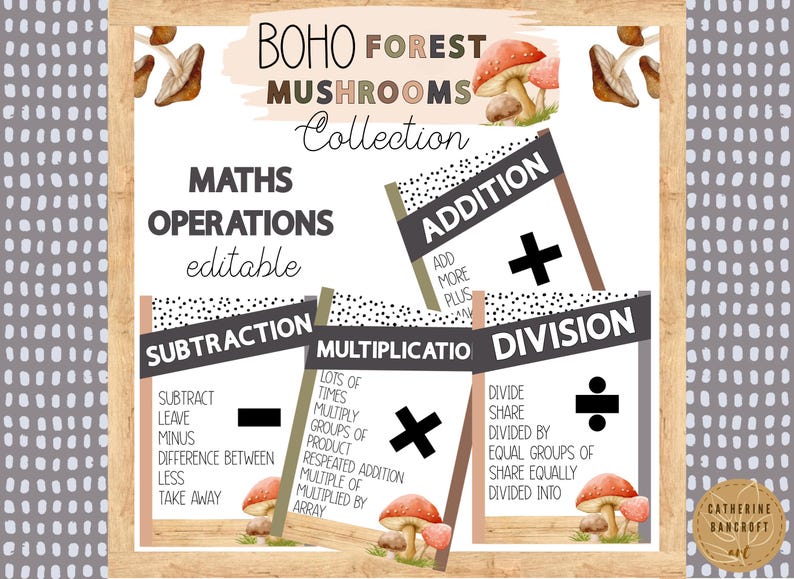Boho Forest Mushroom Themed Classroom Maths Operations, Maths Posters ...