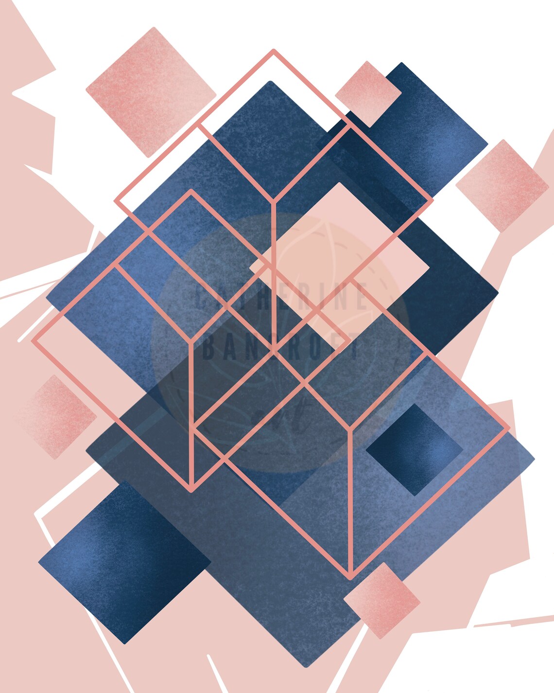 Navy Blue and Blush Pink Geometric Print | Pink and Blue Abstract Art ...