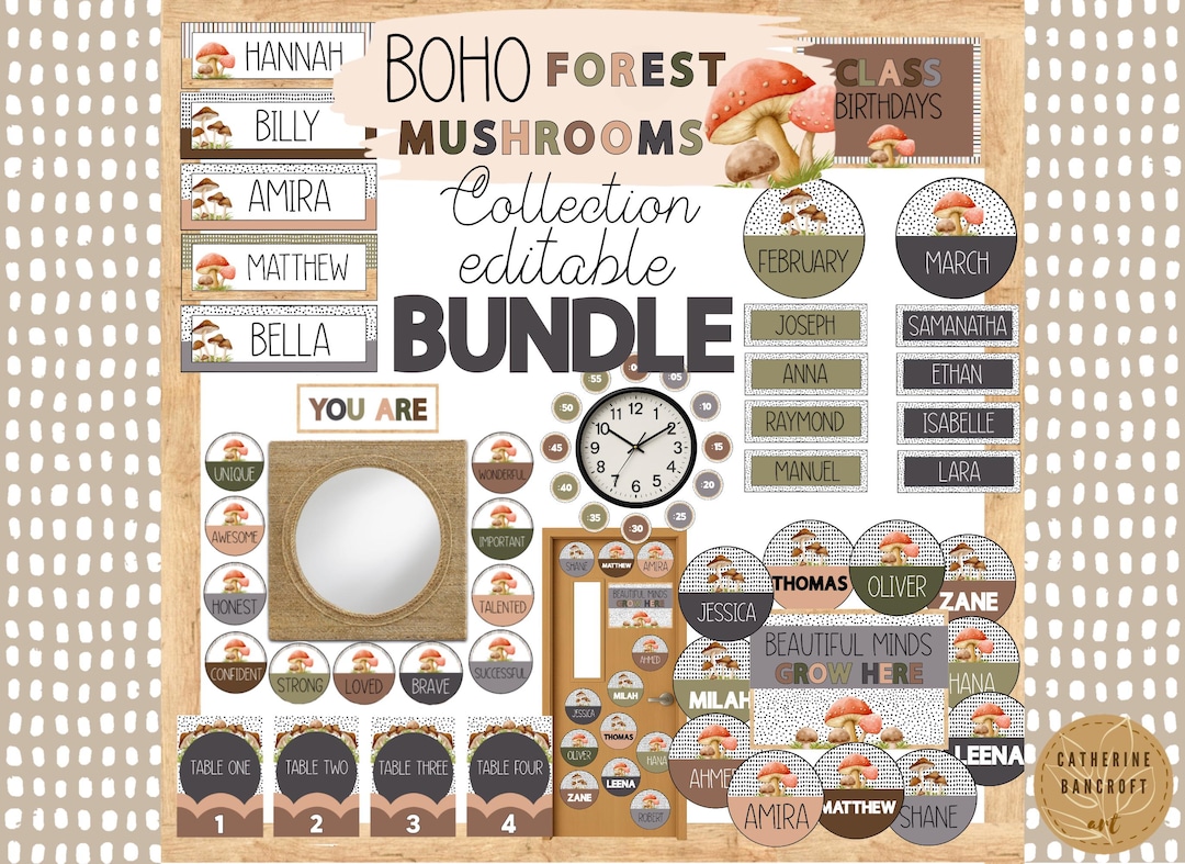 Boho Classroom Decor BUNDLE – Neutral Nature Mushroom Theme – Editable ...