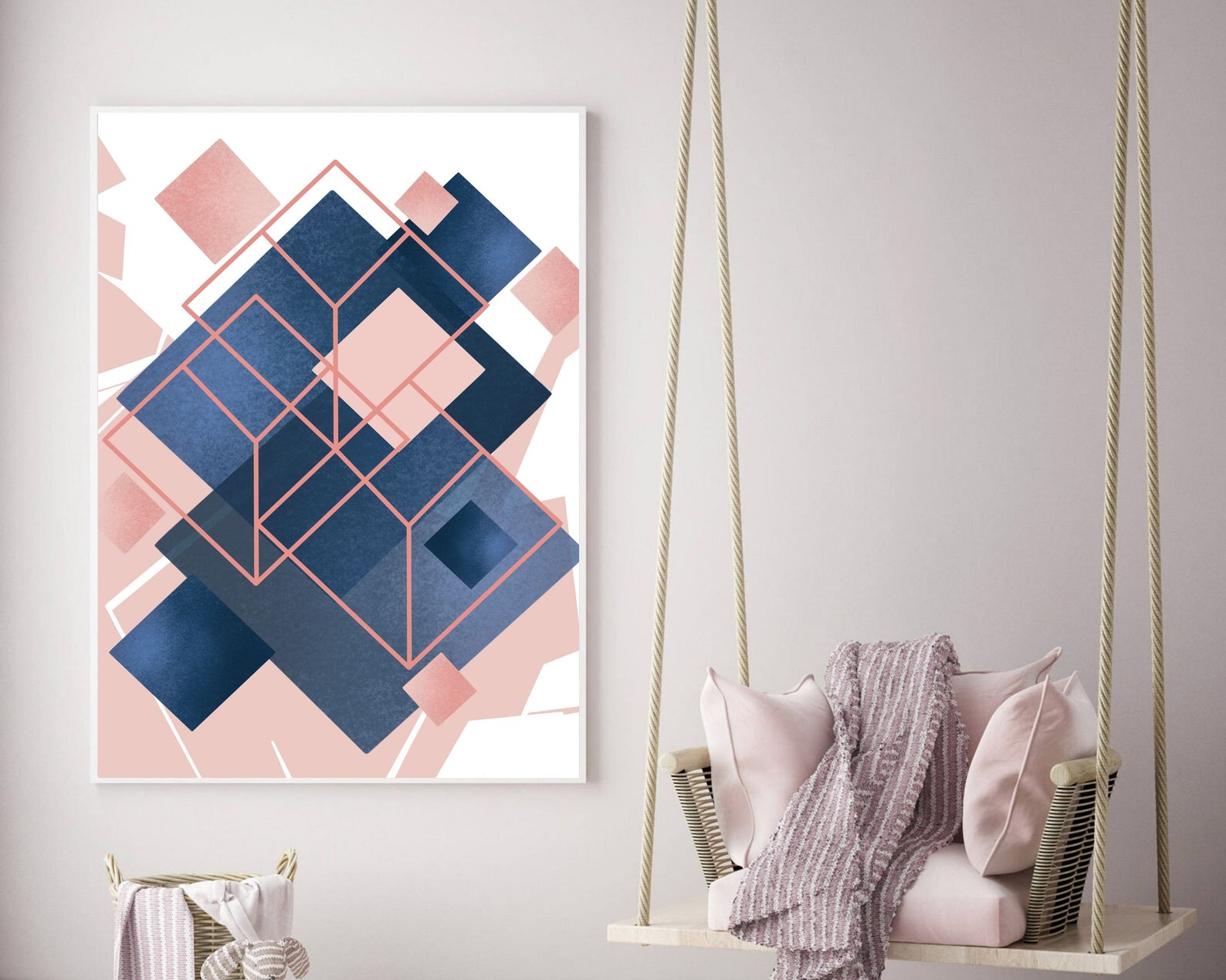 Navy Blue and Blush Pink Geometric Print Pink and Blue Abstract Art ...