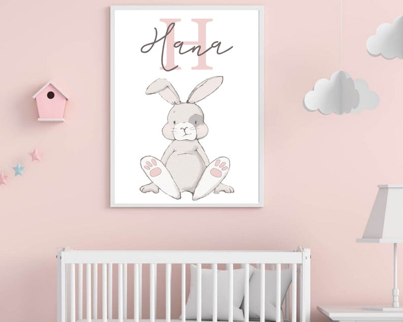 Girls Personalized Bunny Name Print Grey and Pink Nursery Art New Baby ...