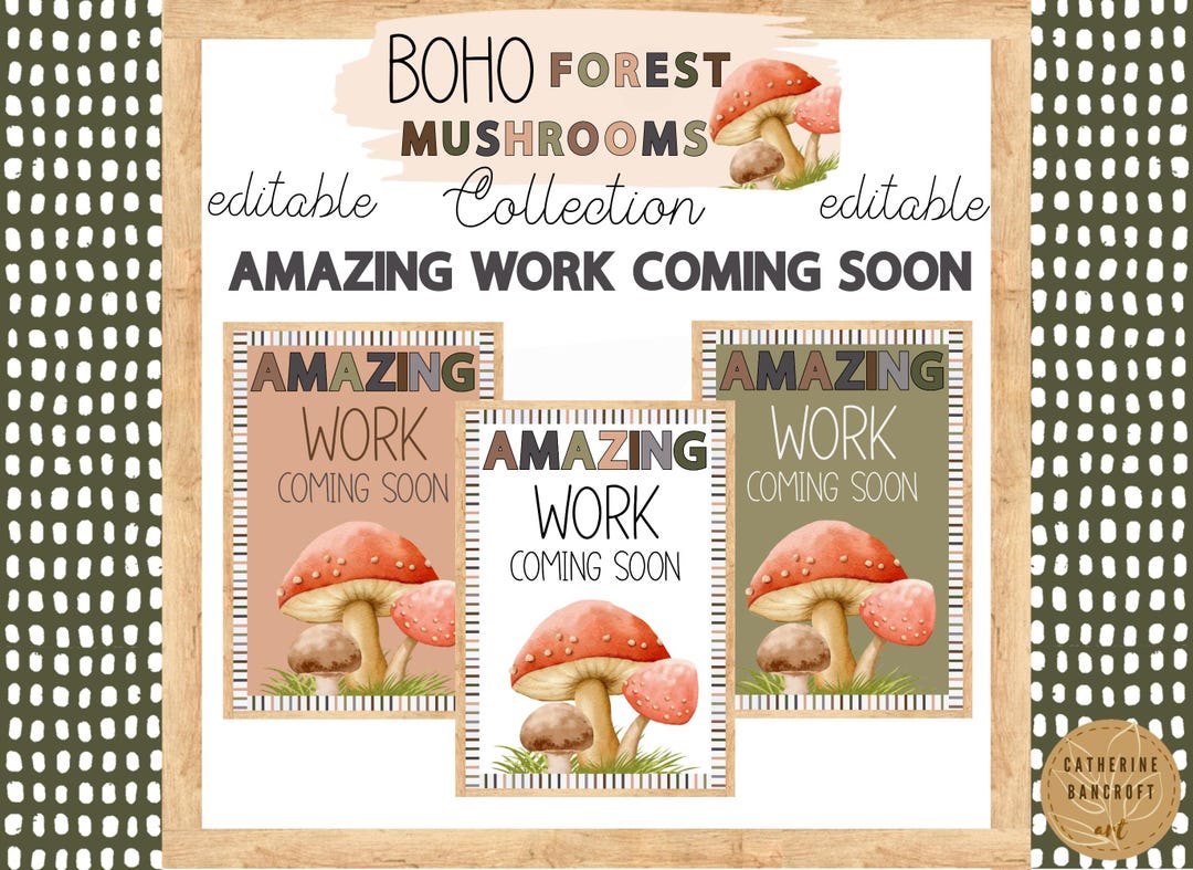 Boho Forest Mushroom Themed Amazing Work Coming Soon Poster, Editable ...
