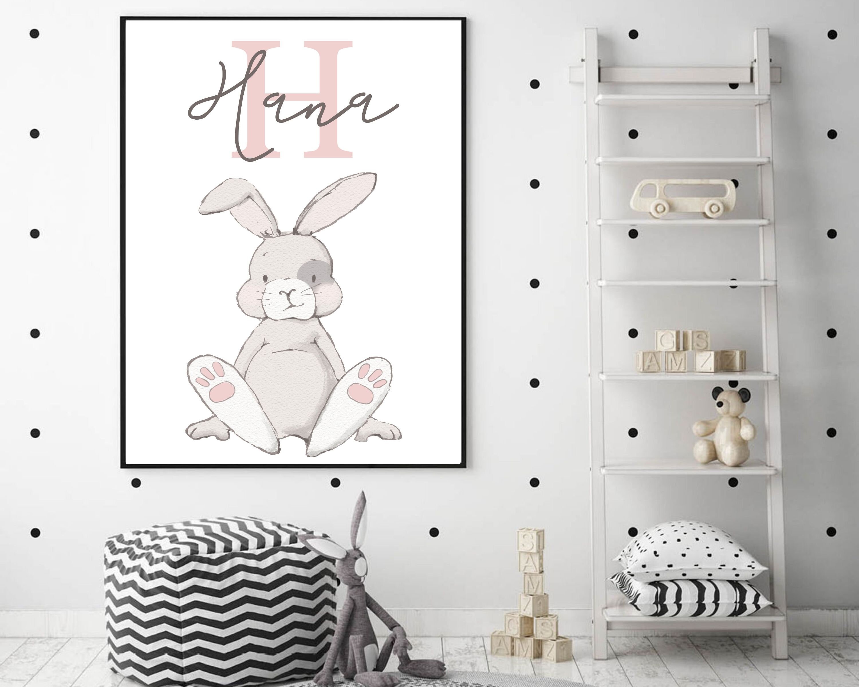 Girls Personalized Bunny Name Print Grey and Pink Nursery Art New Baby ...