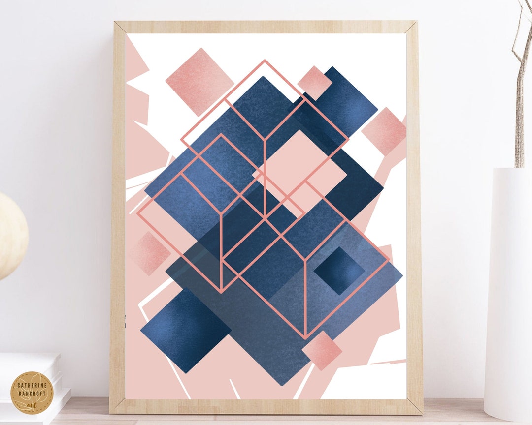 Navy Blue and Blush Pink Geometric Print Pink and Blue Abstract Art ...