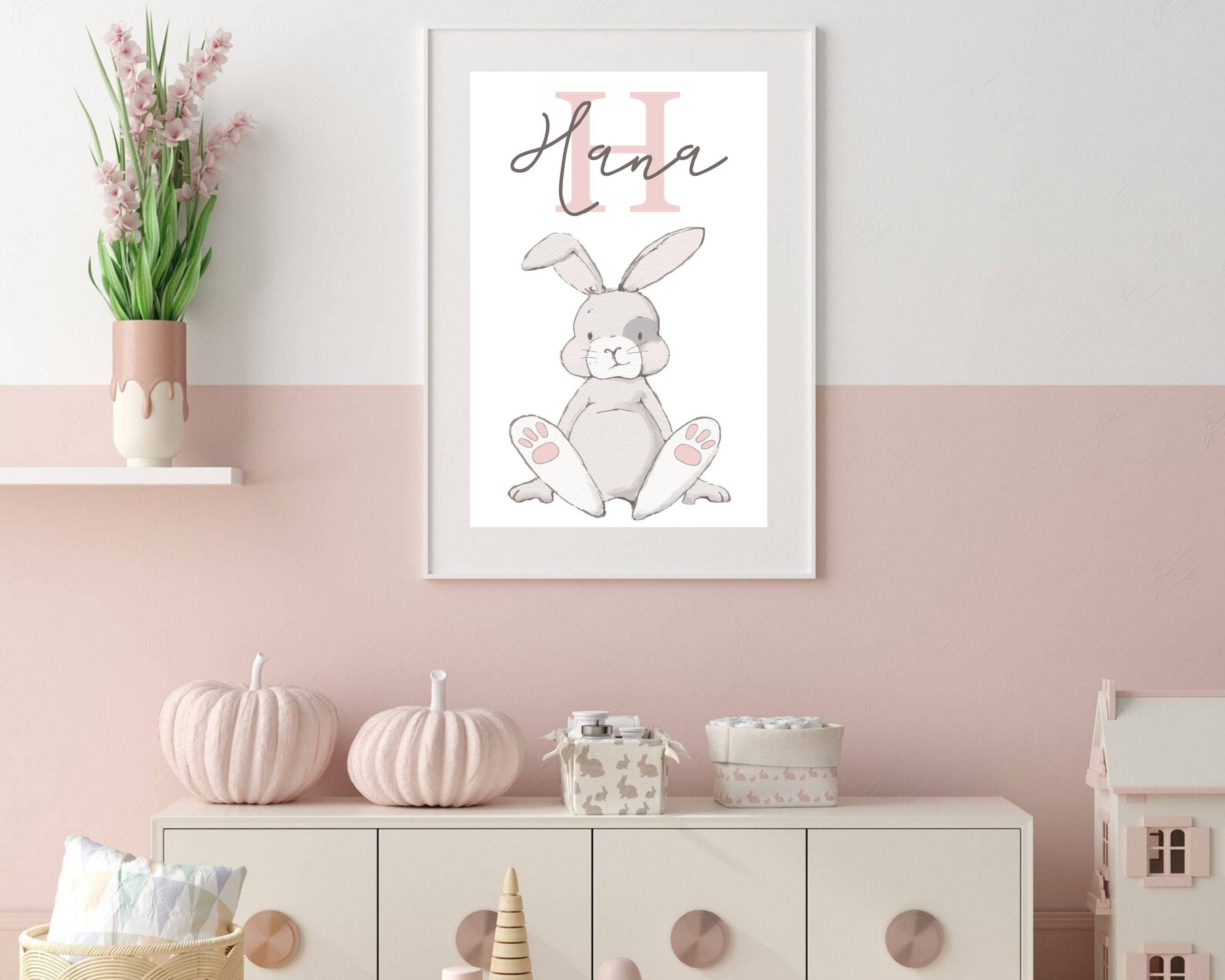 Girls Personalized Bunny Name Print Grey and Pink Nursery Art New Baby ...