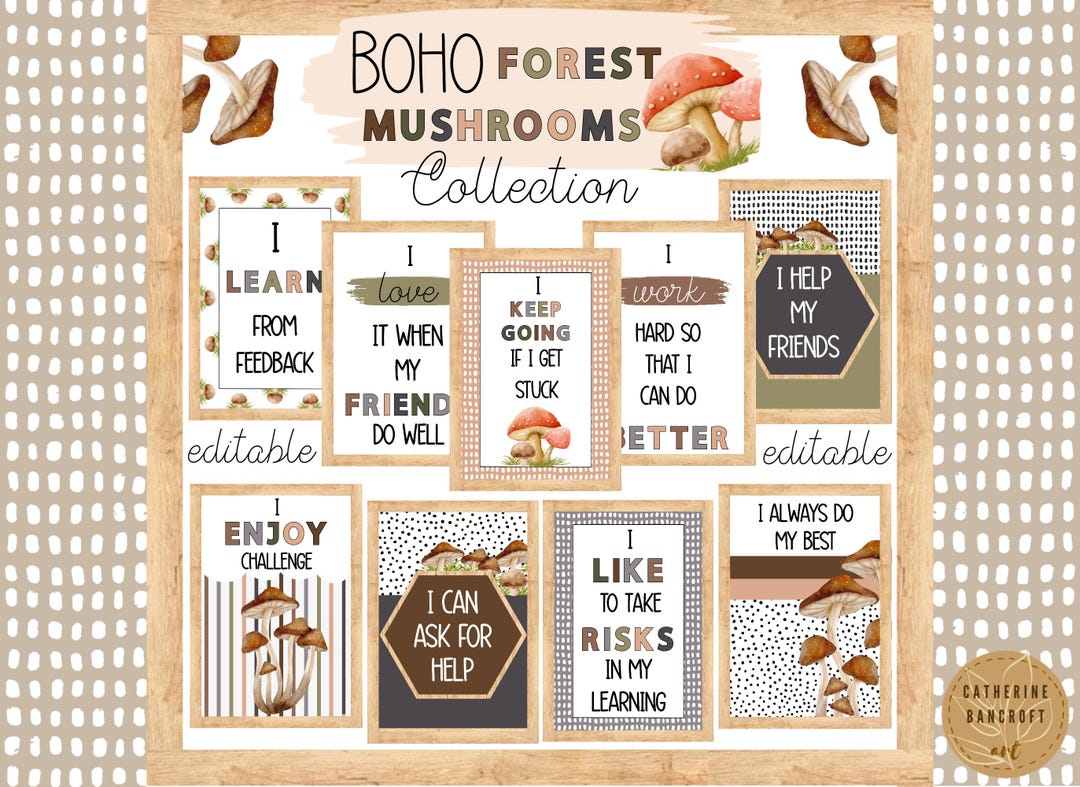 Boho Forest Mushroom Themed Classroom Inspirational Posters, Editable ...