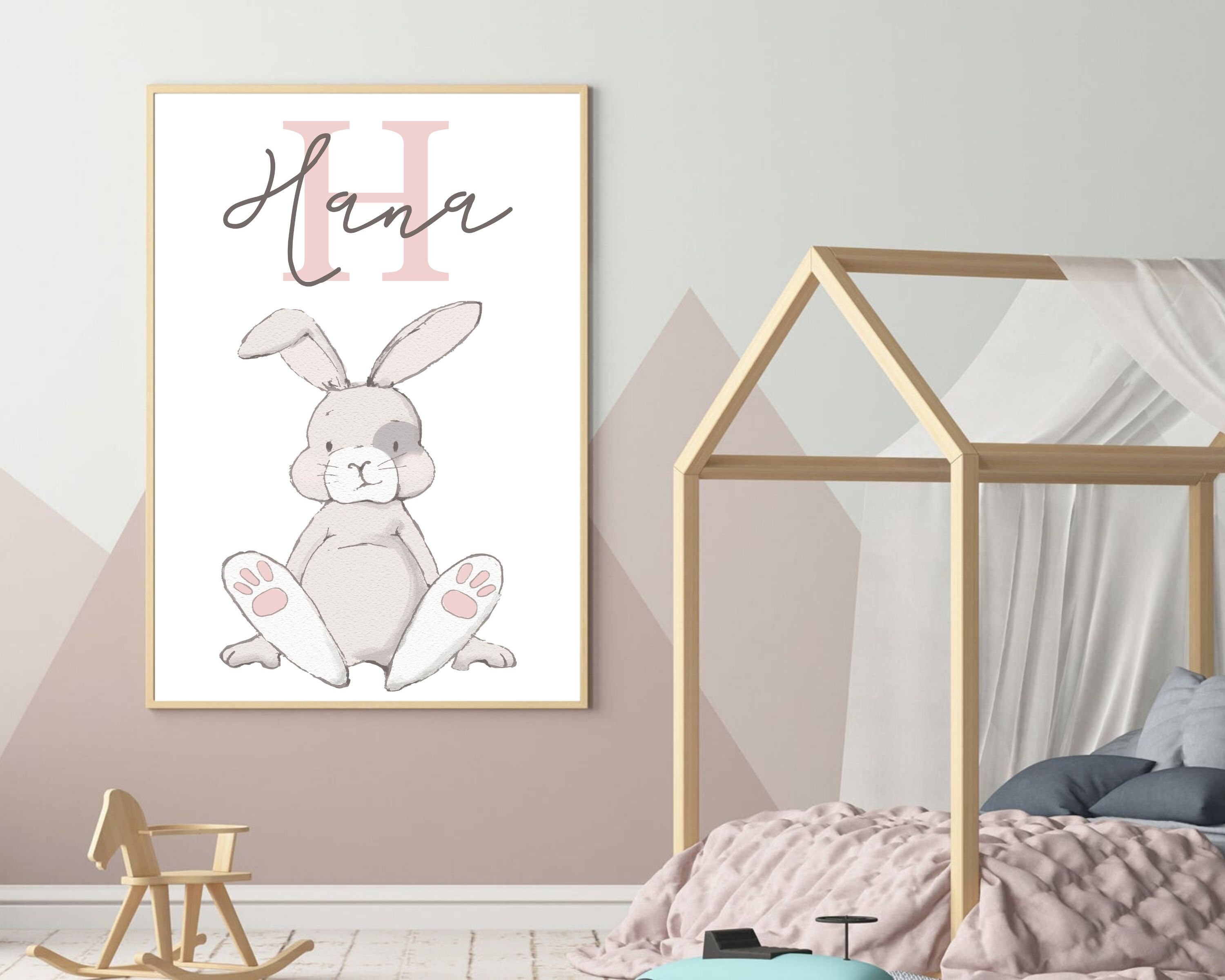 Girls Personalized Bunny Name Print Grey and Pink Nursery Art New Baby ...