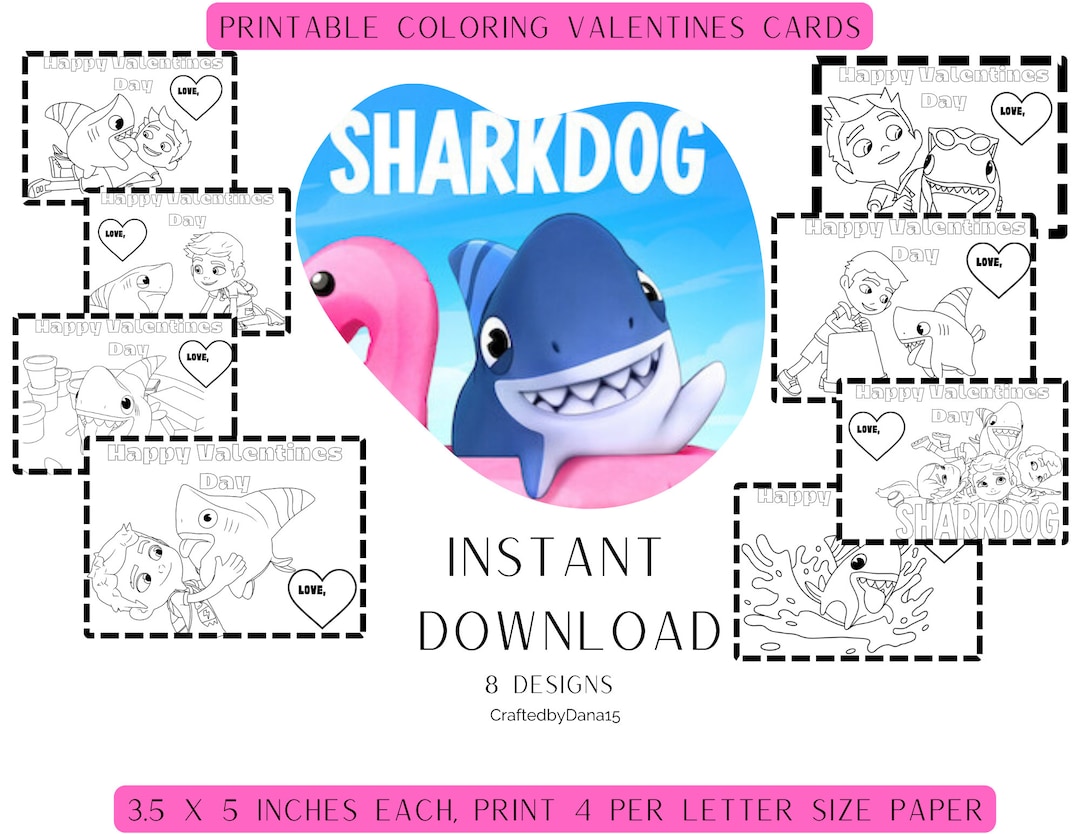 Printable Coloring Shark Dog Inspired Valentine Cards, Kids Valentine ...