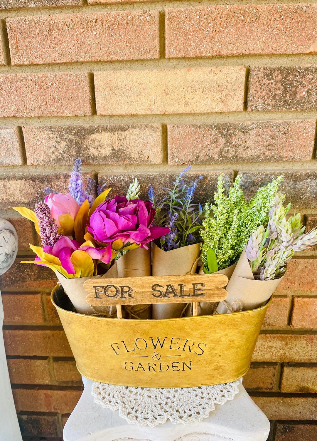 Antiqued Gold Bucket With Flowers for Sale Sign Spring Decor Flower ...