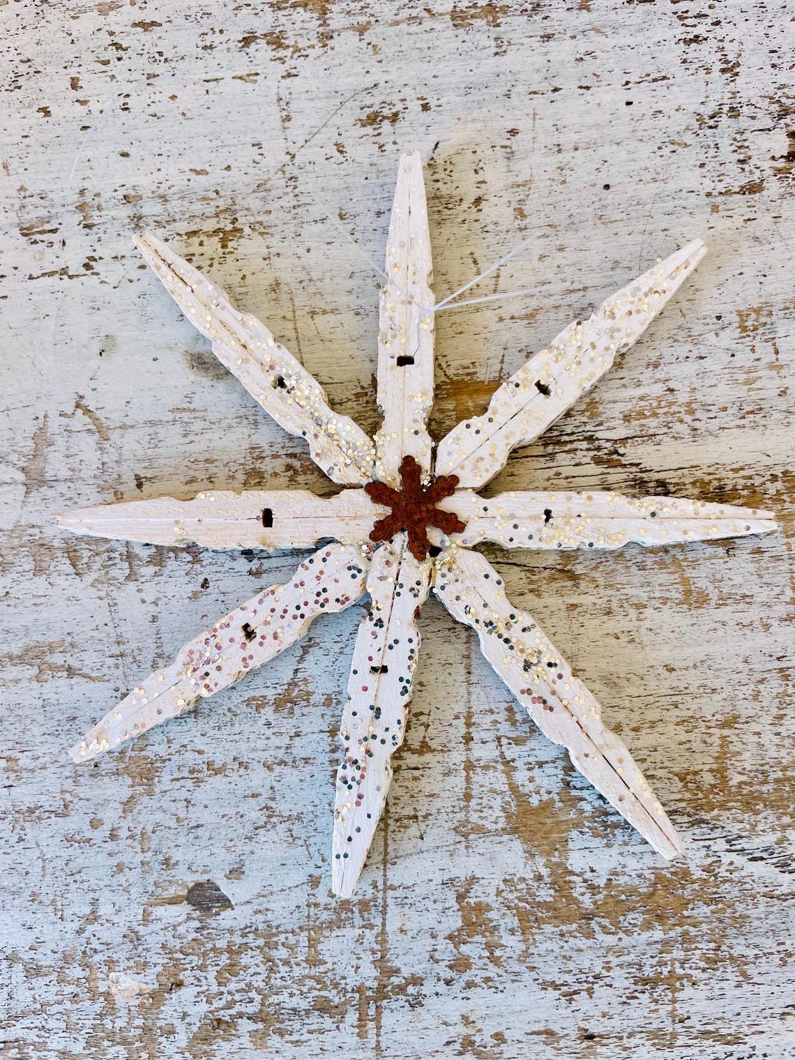 Glittery Clothespin Snowflake Winter Christmas Hanging Ornament With ...