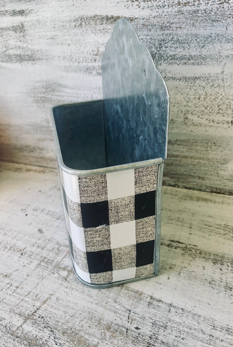 Black & White Buffalo Check Galvanized Metal Country Farmhouse Mail Bin ...