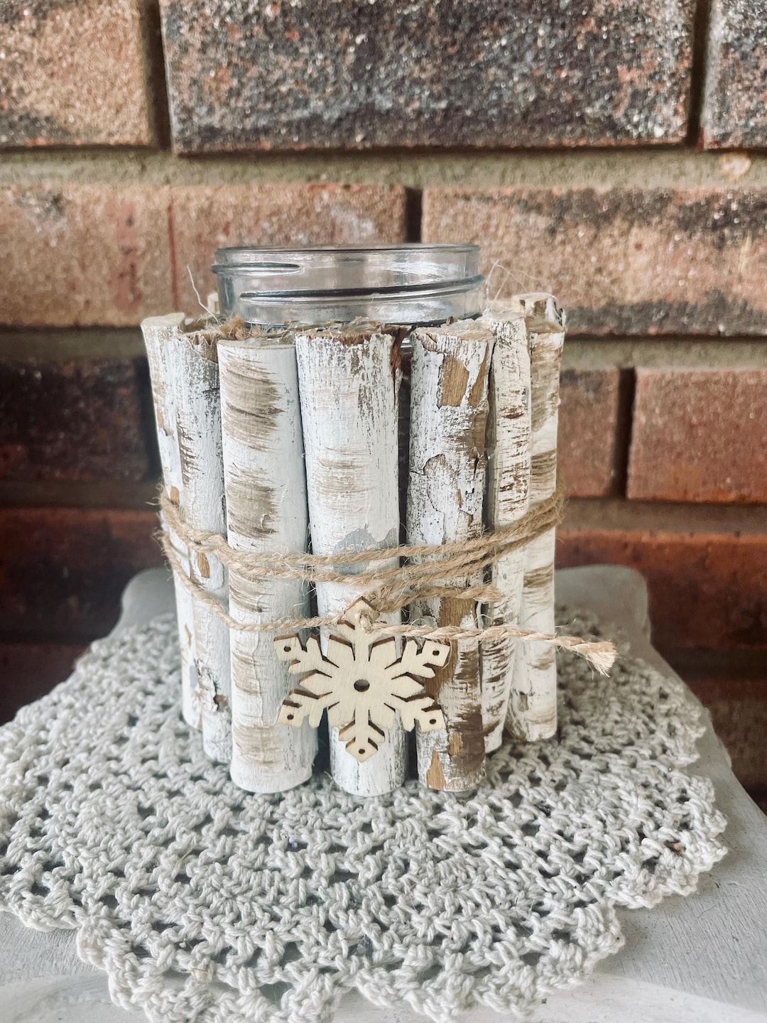 Rustic Faux Birch Wood Candle Holder With Winter Snowflake ...