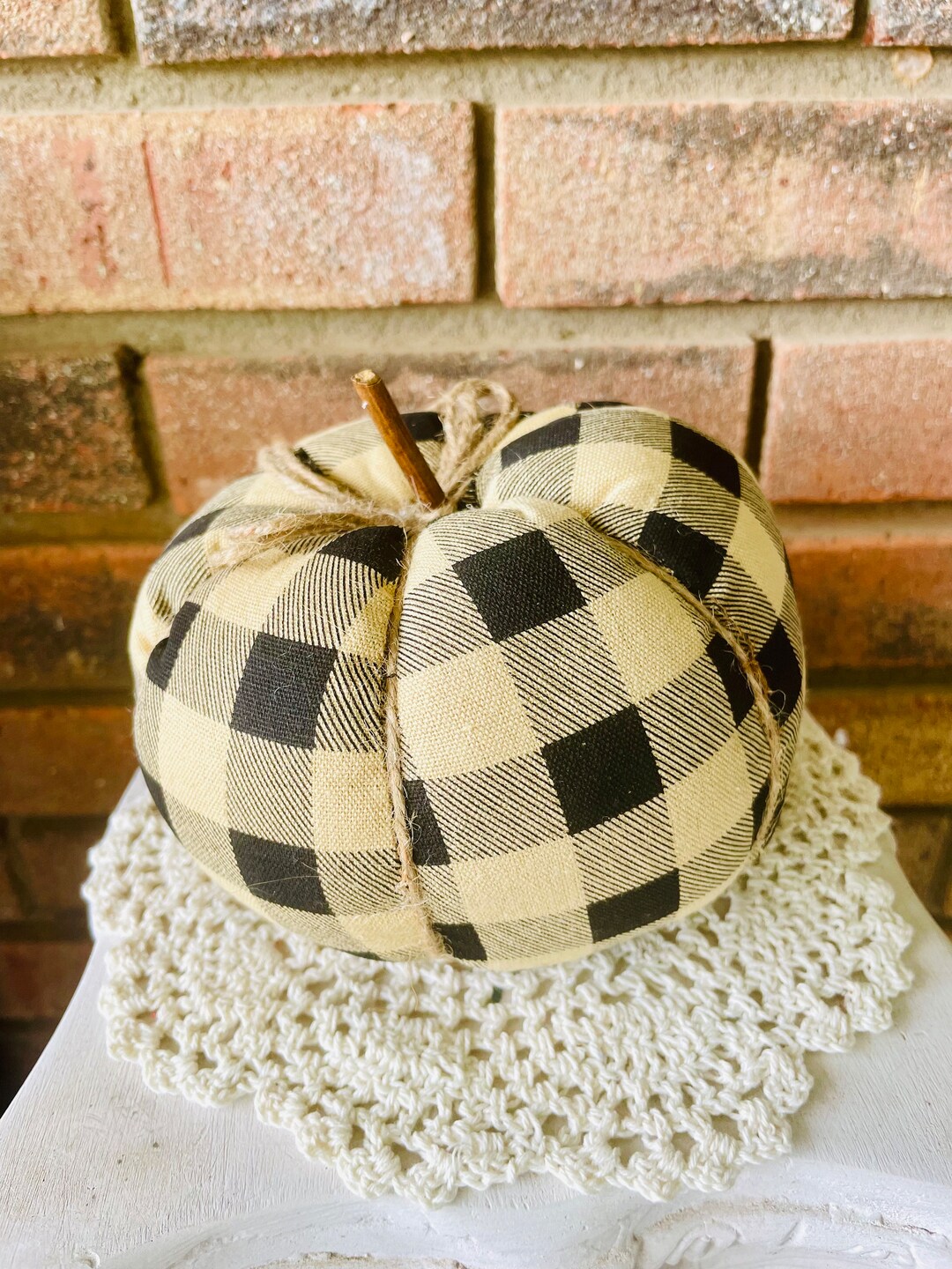 Medium Black & Beige Buffalo Check Stuffed Fabric Pumpkin Fall Home ...
