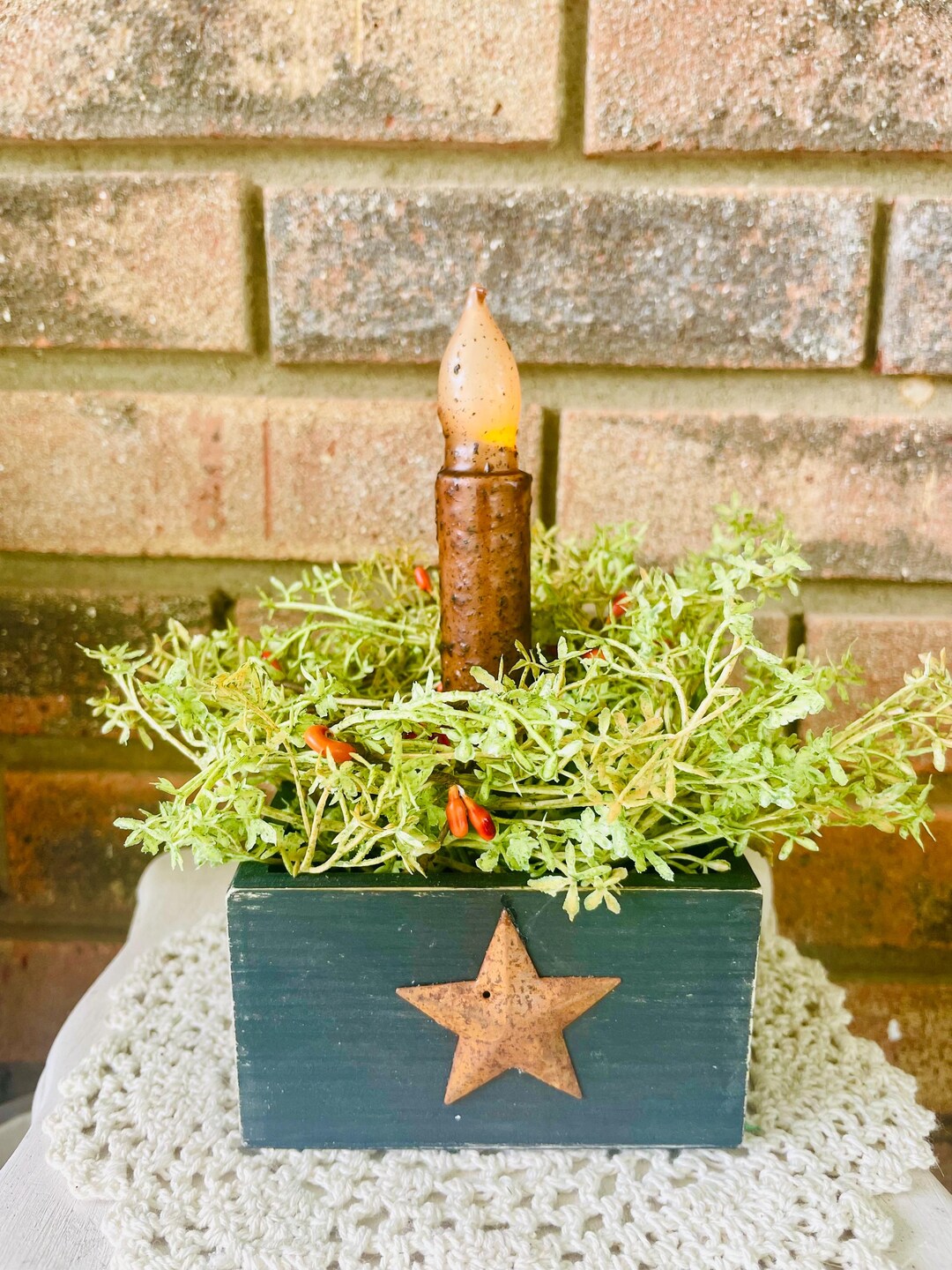 Primitive Wood Box With Taper Candle, Pip Berries and Greenery Everyday ...