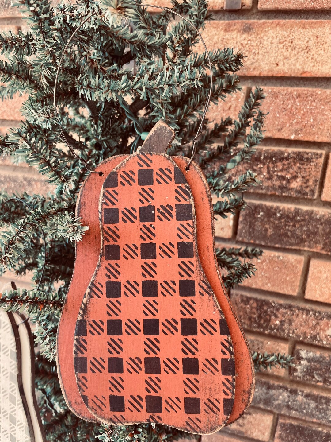 Buffalo Plaid Layered Wood Hanging Pumpkin Gourd Ornament Home Decor ...