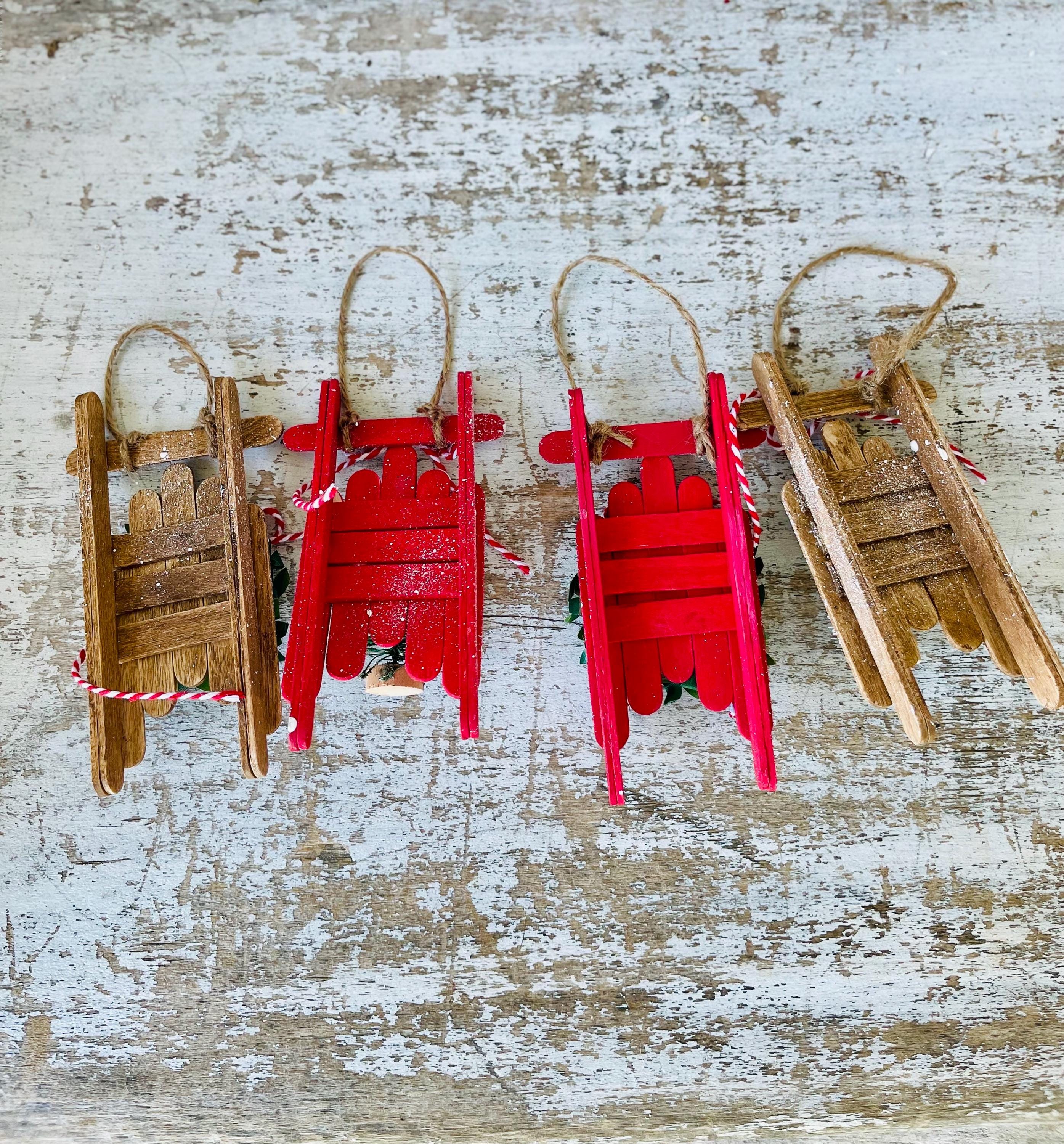 Popsicle Stick Sleds Stained or Red Decorated With Wreaths and ...