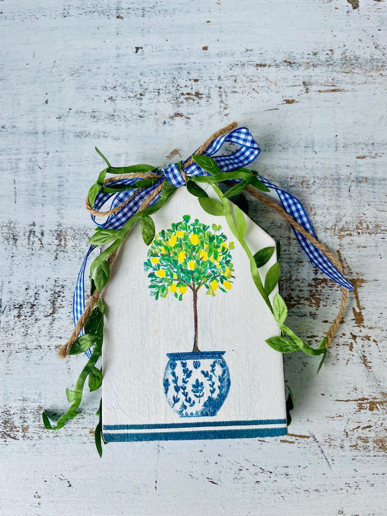 House Shaped Wood Block With Lemon Tree Napkin Decoupage Handmade Decor ...