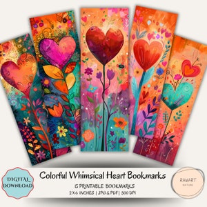 Colorful Heart Printable Bookmark, Whimsical Heart, 15 Digital ...