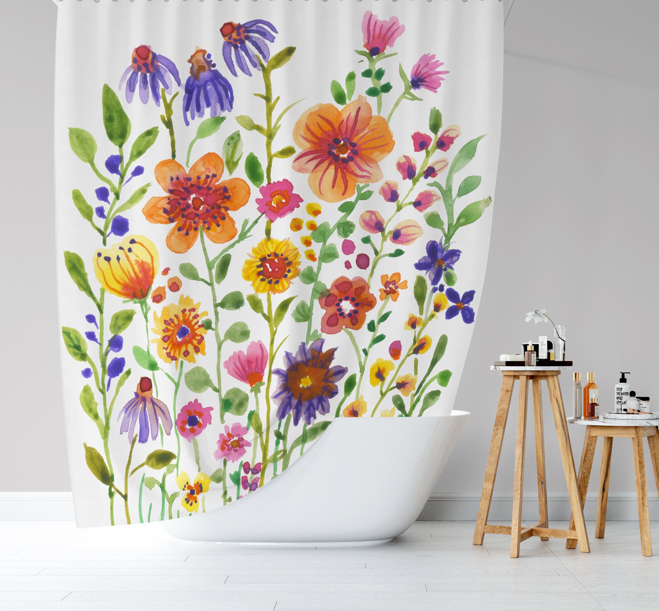 Floral Shower Curtain Botanical Bath Curtain Watercolor Etsy