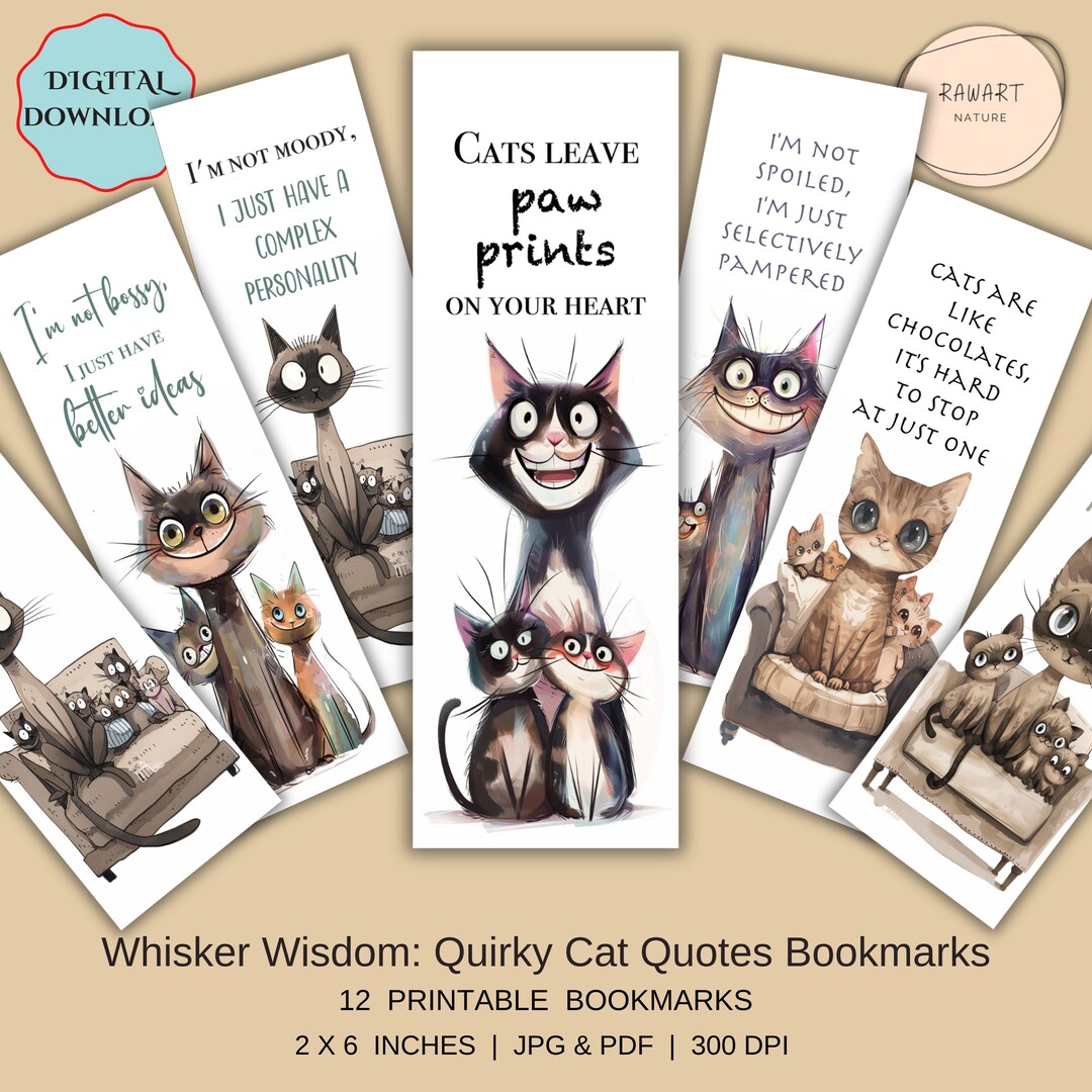 Bookmarks for Cat Lover's Gift, 12 Printable Bookmarks, Whisker Wisdom ...