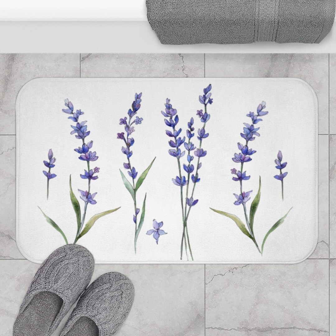 Watercolor Floral Bath Mat Botanical Purple Lavender Design - Etsy