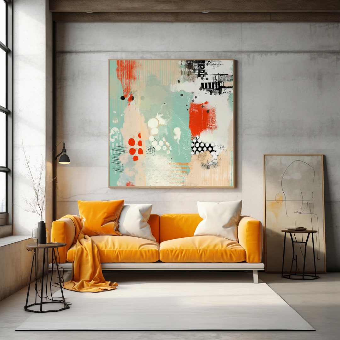 A Large Square Canvas, Abstract Teal Red Wall Art Print for Modern Home ...