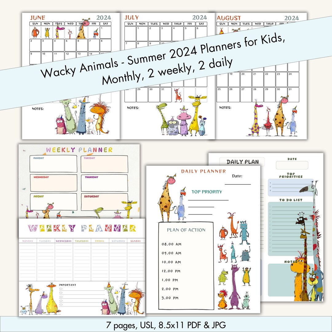 Summer Planner 2024, 3 Printable Monthly, 2 Weekly, 2 Daily Summer Kids ...