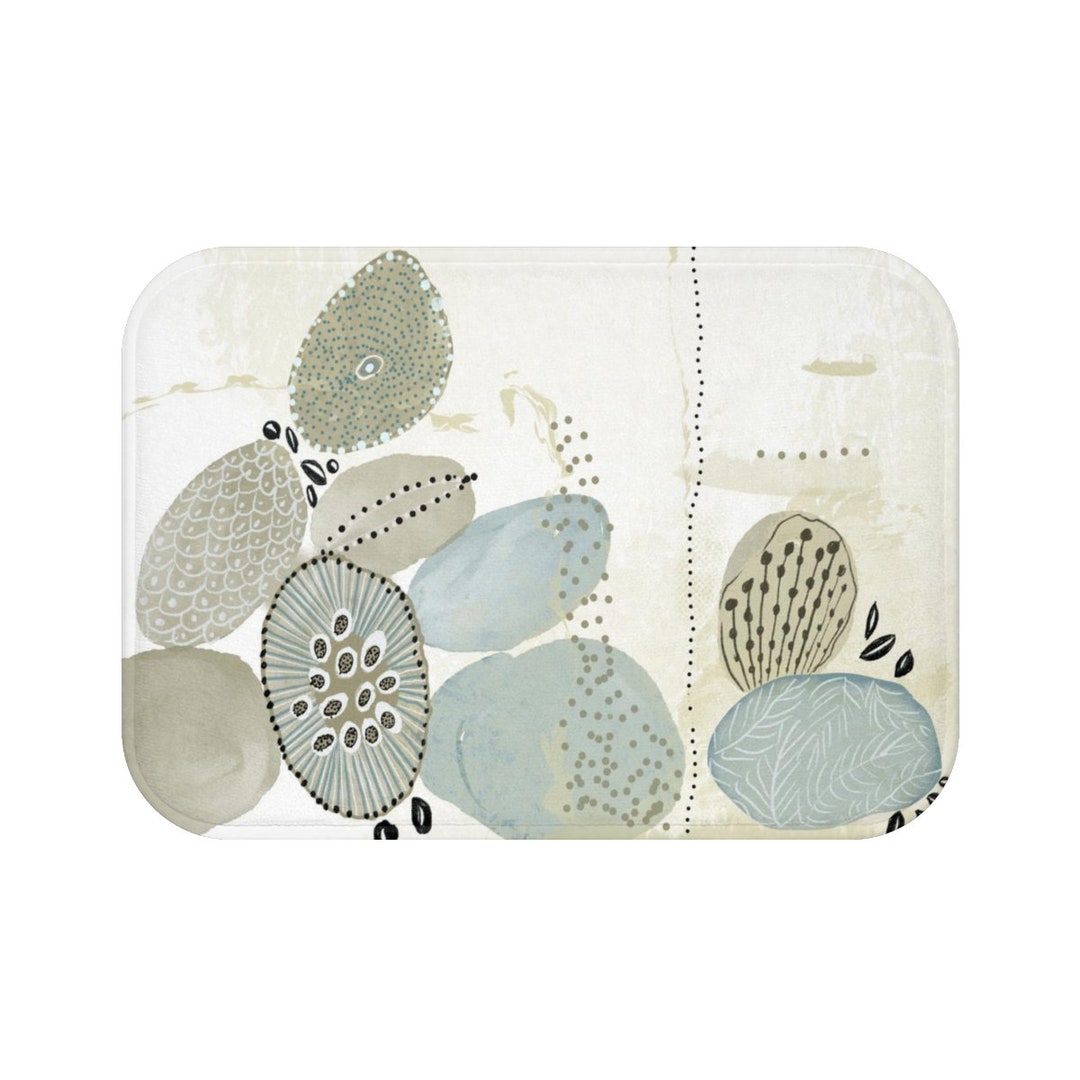 Beige Pebbles Bath Mat, Watercolor Beige Khaki and Sage Pebbles, Boho ...