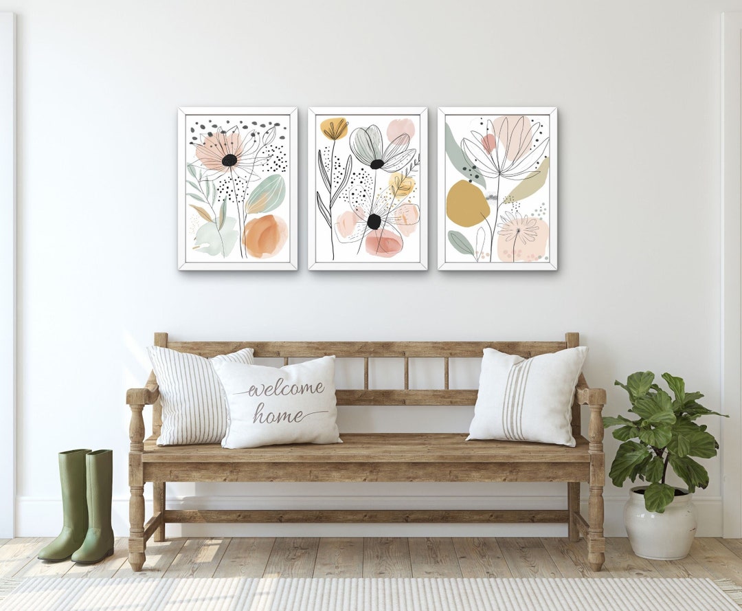 Boho Wandbild 3er Set Prints, minimalistische abstrakte Boho Blumen und ...